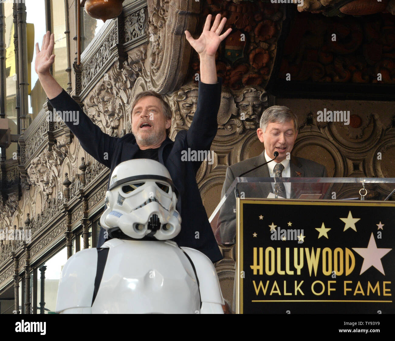 Actor Mark Hamill acknowledges fans during an unveiling ceremony ...