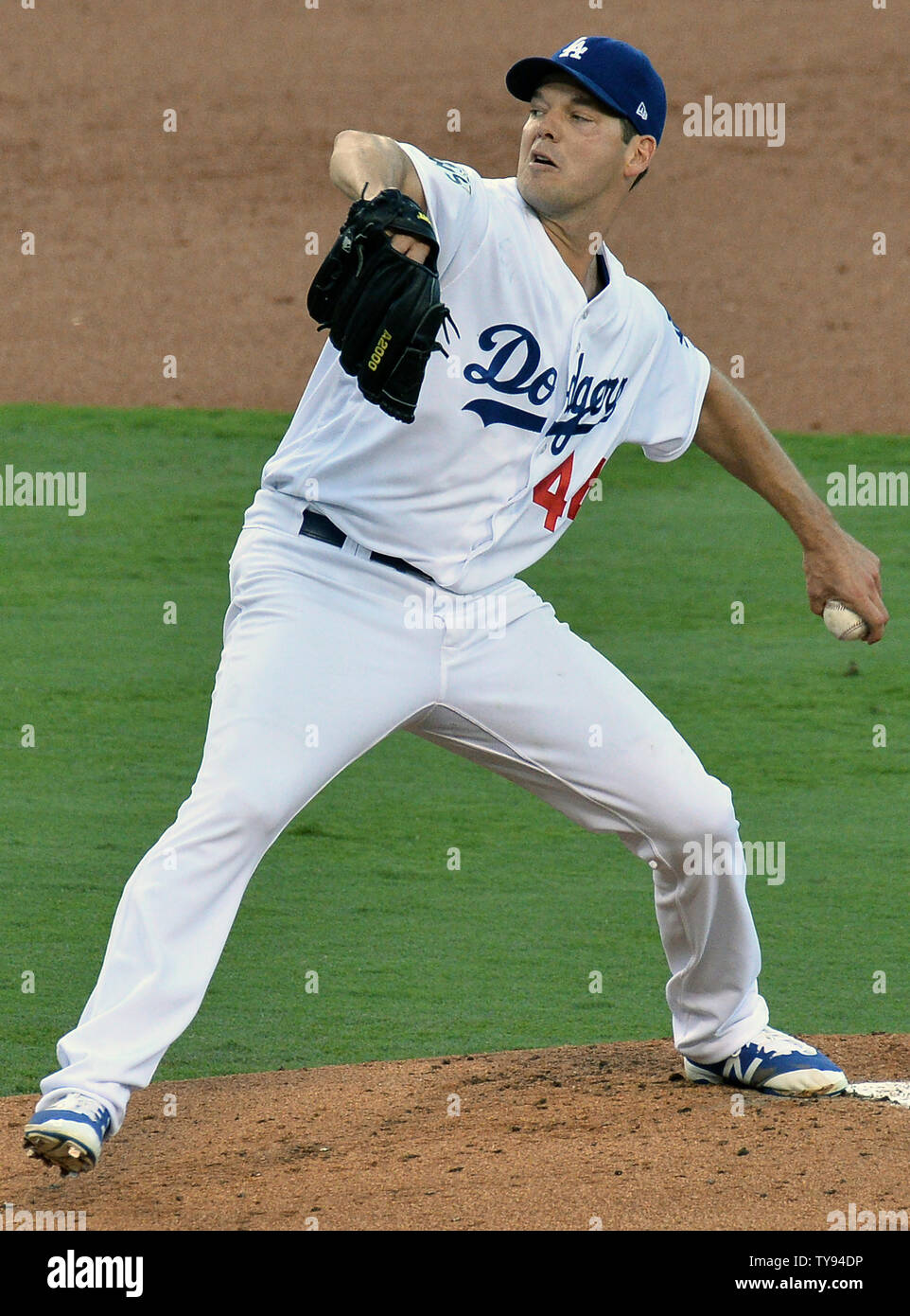 Los Angeles Dodgers starting pitcher Rich Hill throws against the ...