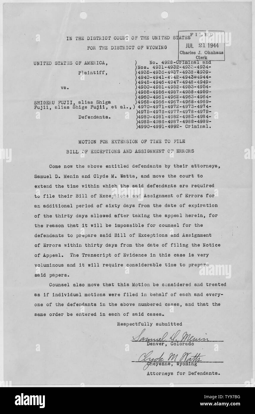 Motion for Extension of Time to File Bill of Exceptions and Assignment ...