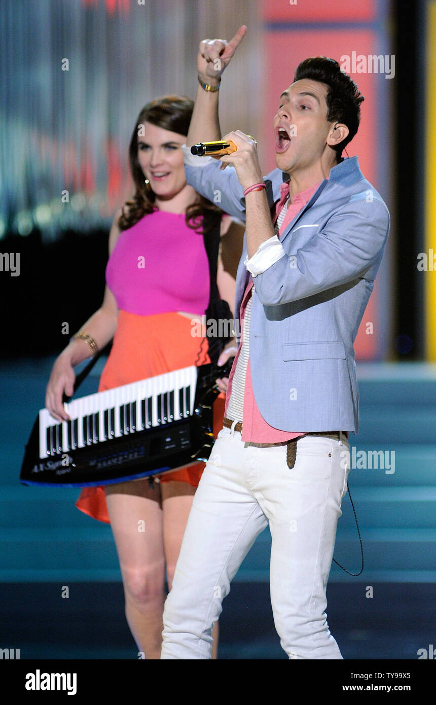 Victoria Asher, left, and Gabe Saporta of Cobra Starship perform during ...