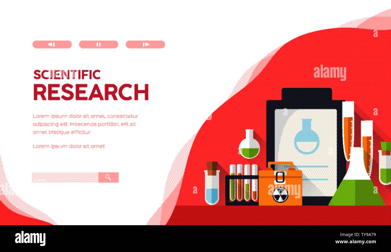 Science laboratory equipment with test tubes, flasks, beakers, reagents ...