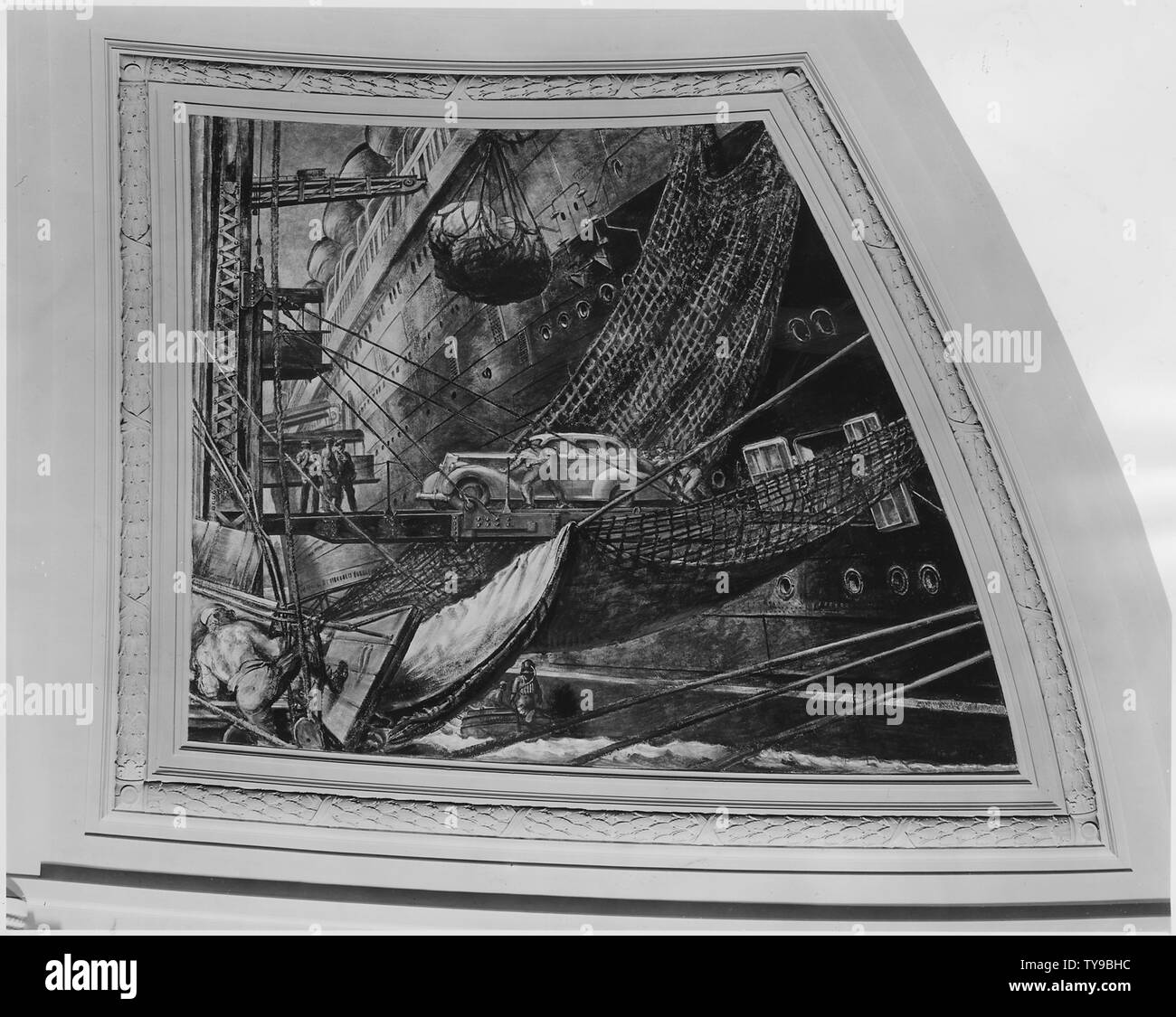 WPA mural fresco ship: unloading car — by Reginald Marsh One of a group ...