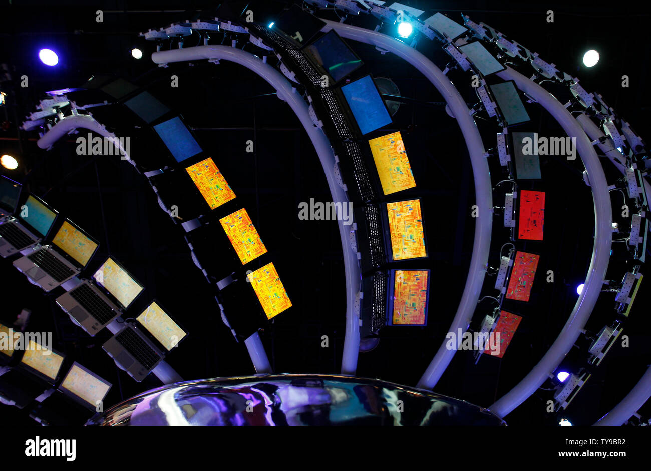 A tree of laptops stands at the entrance of the Intel booth at the 2013 ...