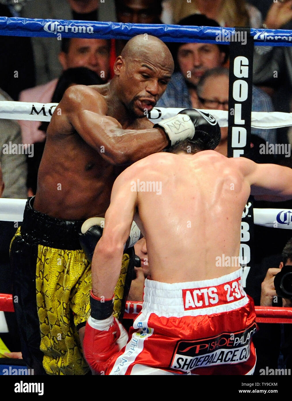 Floyd Mayweather (L) and Robert Guerrero fight during their WBC ...