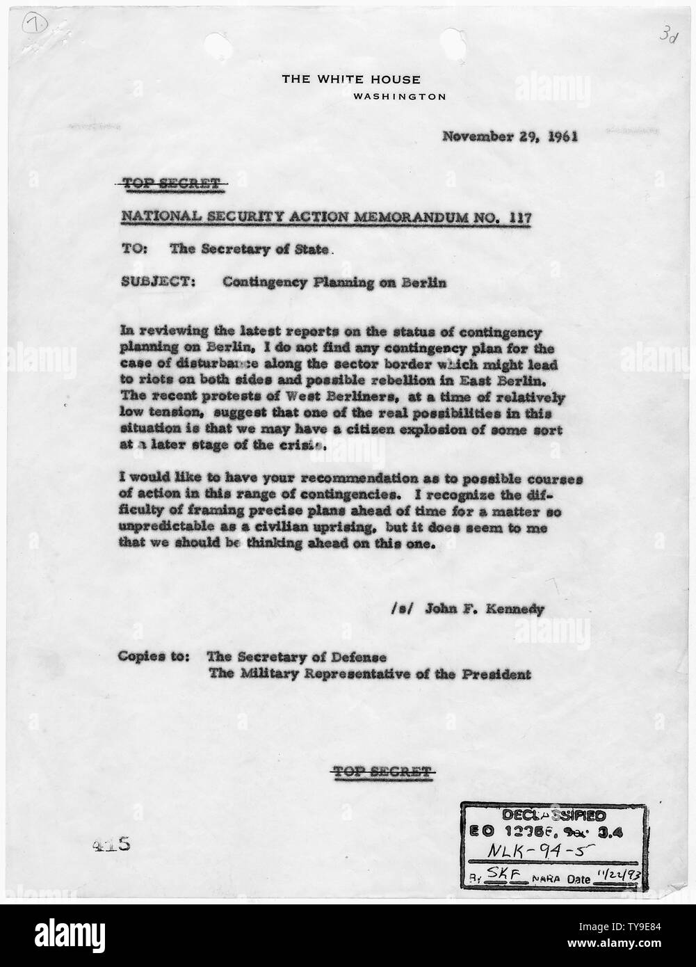 National Security Action Memorandum No. 117 Contingency Planning on ...