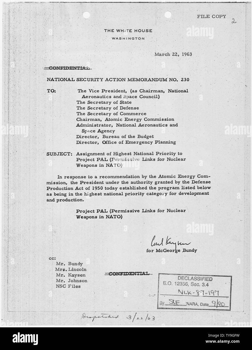 National Security Action Memorandum No. 230 Assignment of Highest ...