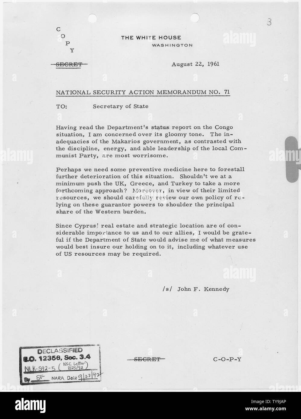 National Security Action Memorandum No. 71 Cyprus; Scope and content ...