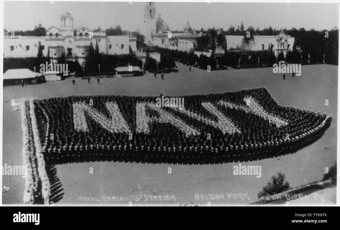 Navy personnel on parade at Balboa Park in Navy flag formation, San ...