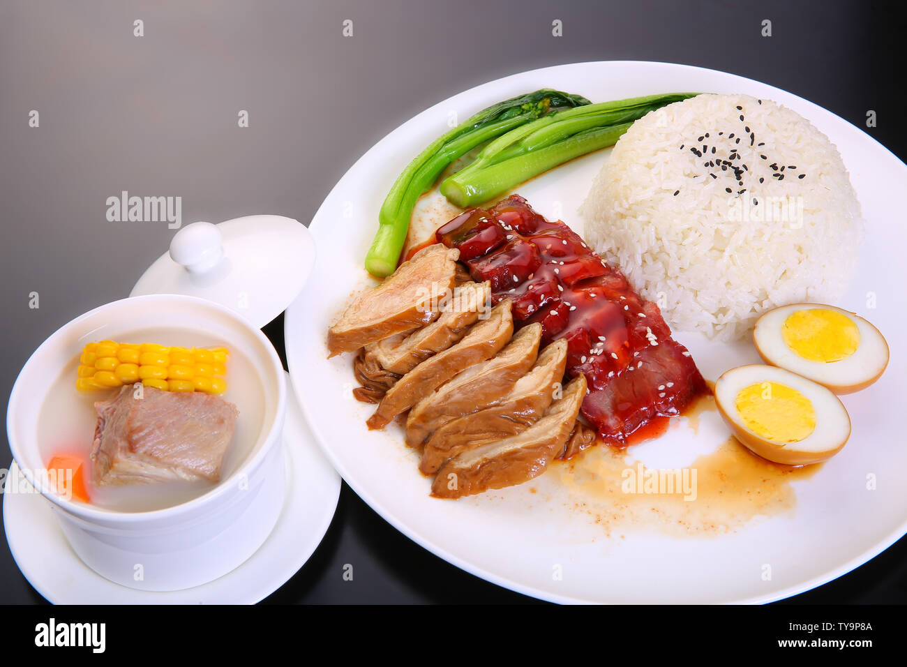 Barbecued pork spelling large intestine rice Stock Photo - Alamy