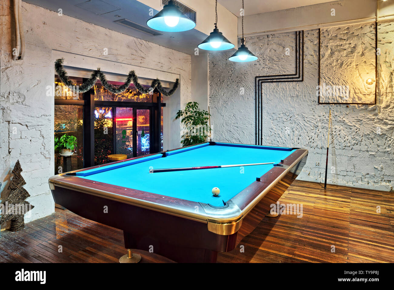Contemporary interior, living room with a snooker table Stock Photo - Alamy