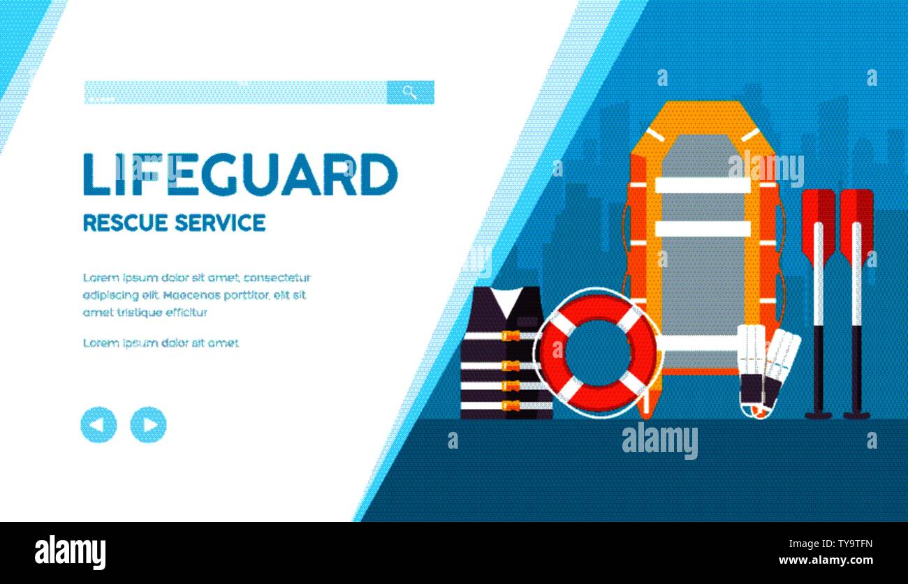 Lifeguard equipment for working on beach: life saver, vest, flippers ...