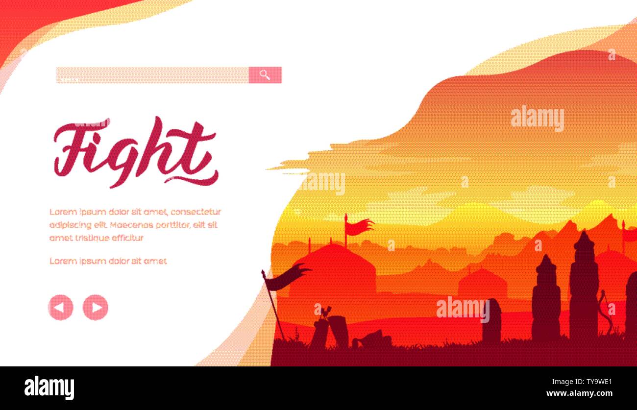 Medieval battlefield with shield, arrows, flag on ground at sunset or ...