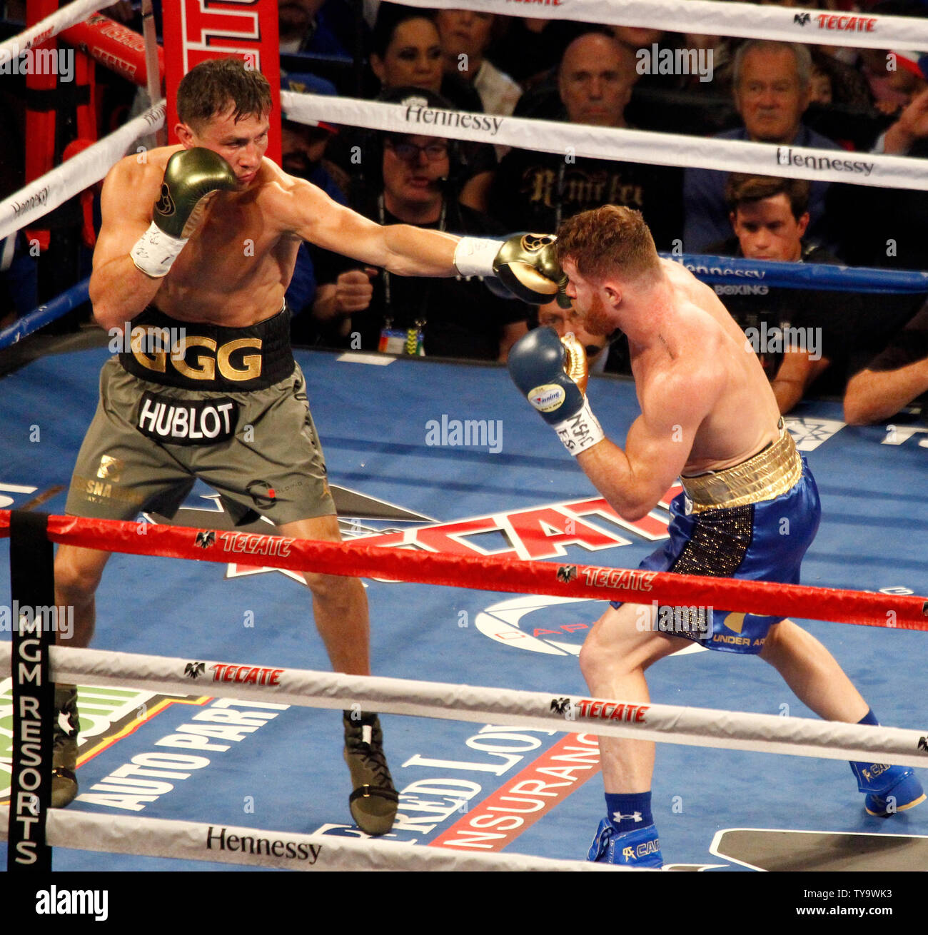 Gennady Golovkin and Canelo Alvarez exchange jabs during the Canelo ...