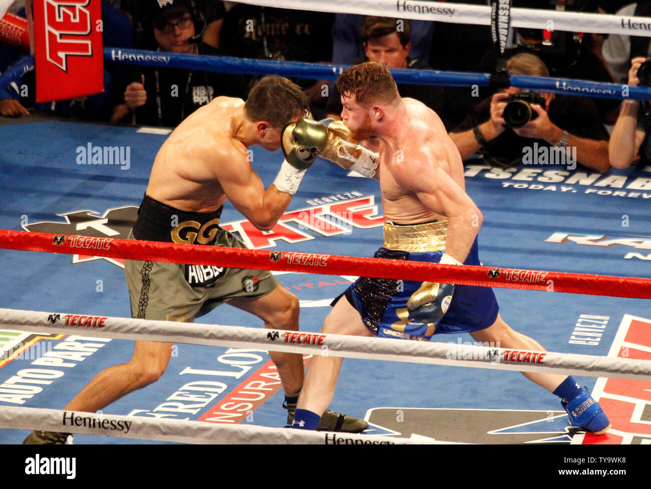 Canelo Alvarez throws an upper cut at Gennady Golovkin during the ...