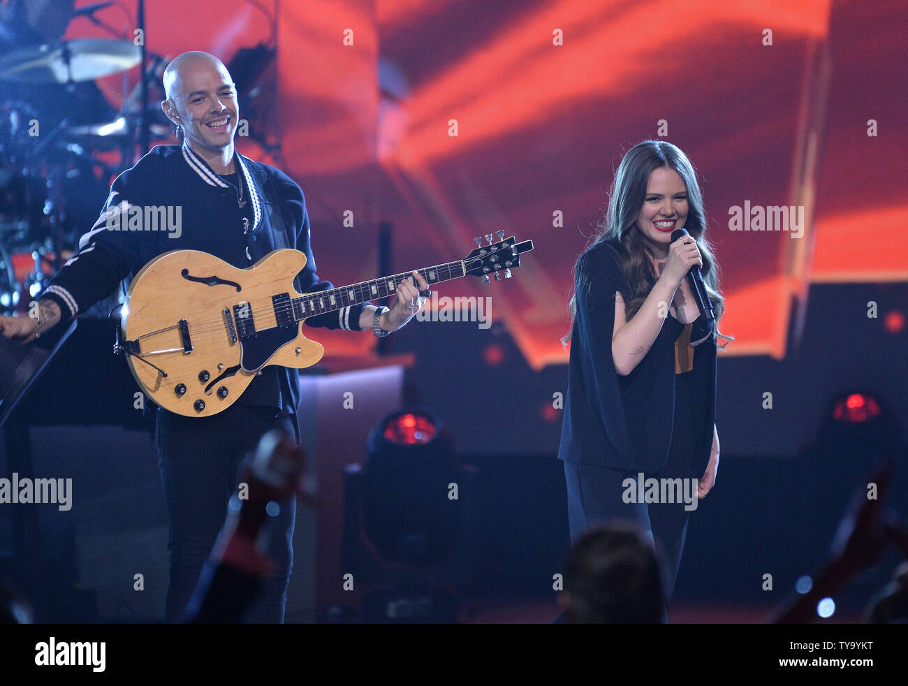 Jesse Huerta (L) and Joy Huerta of Jesse y Joy perform onstage at the ...