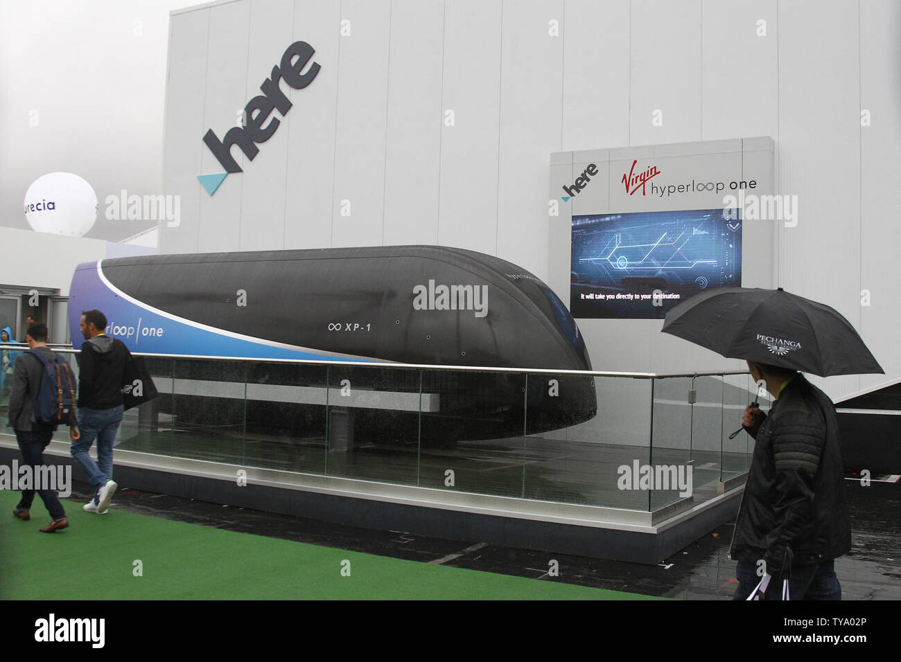 A Virgin Hyperloop One vehicle on display during the 2018 International ...