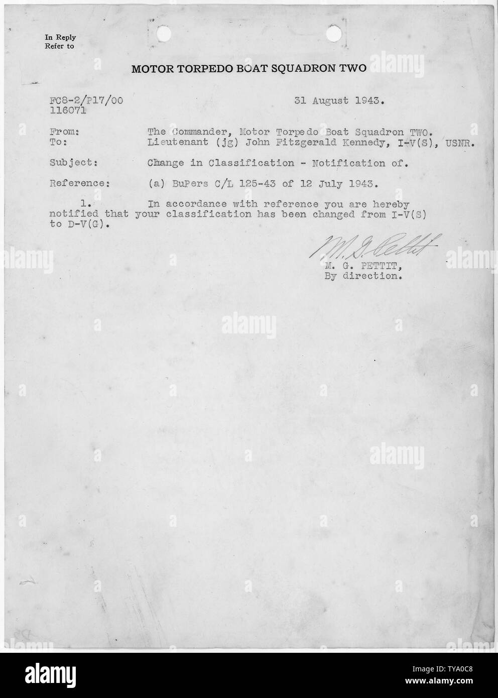 Notification of Change in Classification for John F. Kennedy August 31 ...