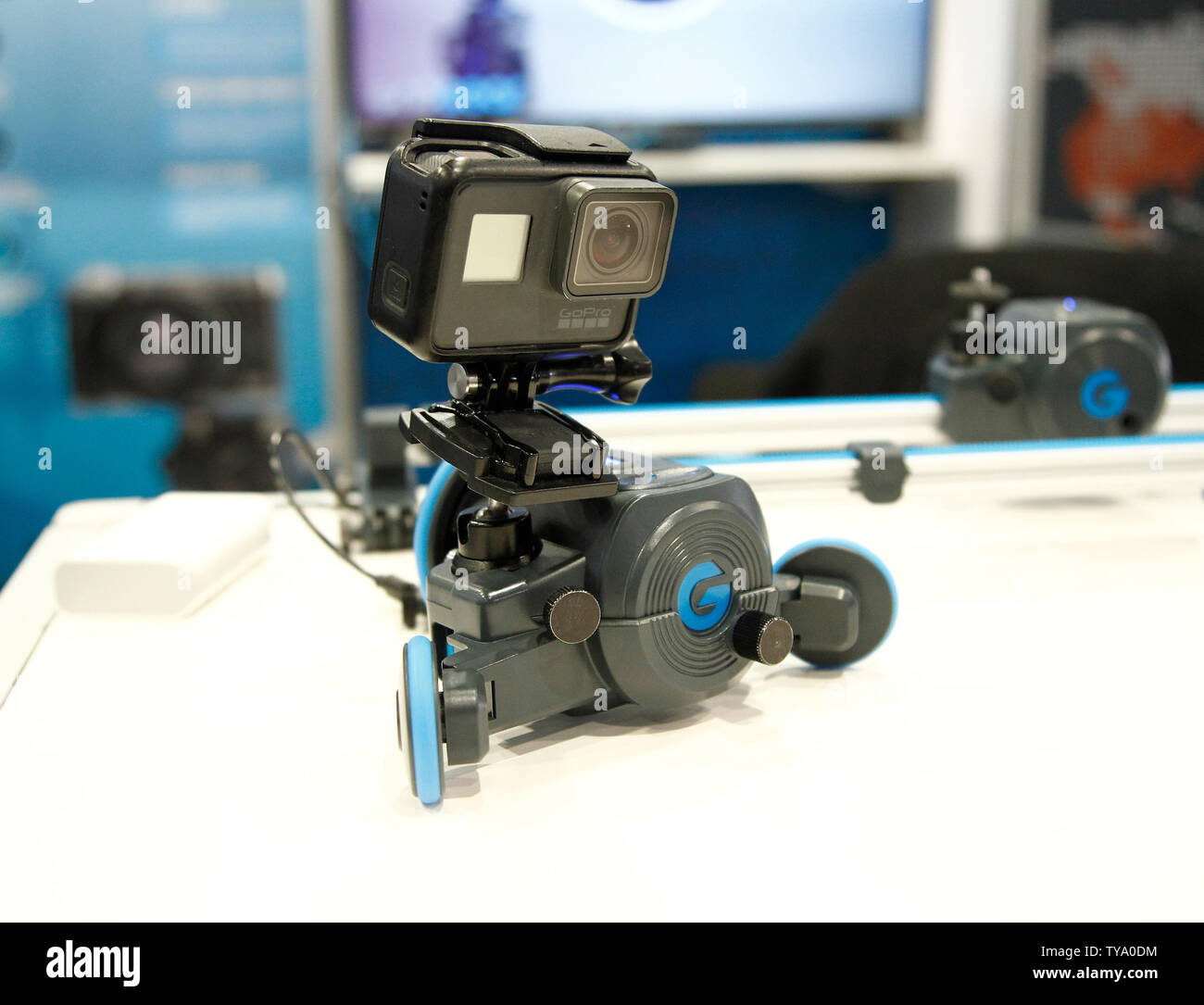A close up view of the GripGear camera motion control rig on display ...