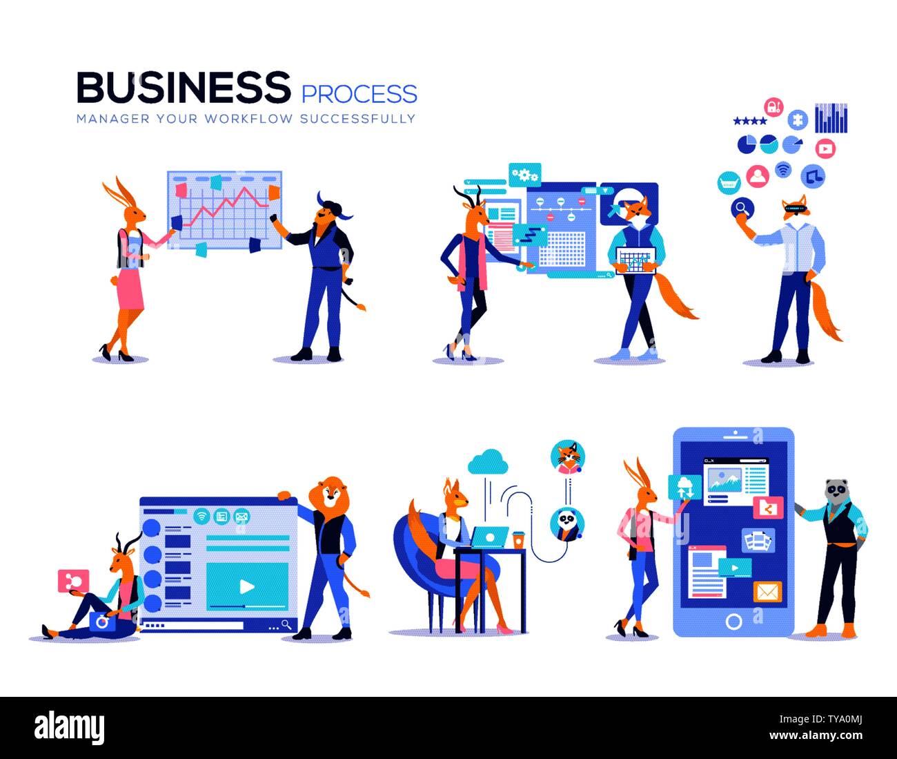 Animal characters working with information on diagrams, graphs, schemes ...