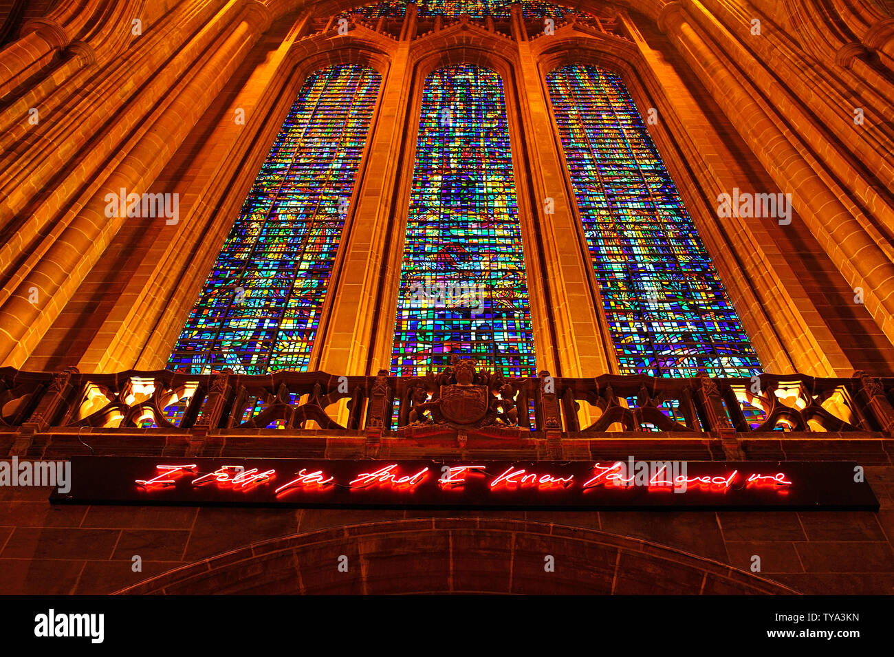 Neon sign and stained glass windows in the Anglican Cathedral,Liverpool ...