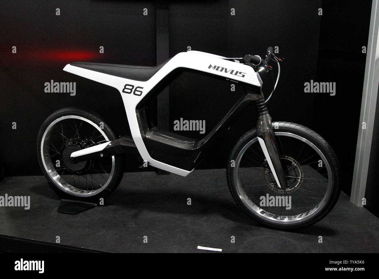The hollow-bodied Novus electric motorcycle on display during the 2019 ...