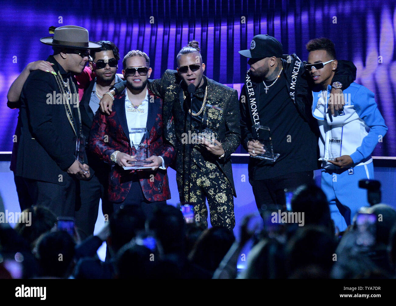 (L-R) Darell, Bad Bunny, Casper Magico, Nio Garcia, Nicky Jam and Ozuna ...