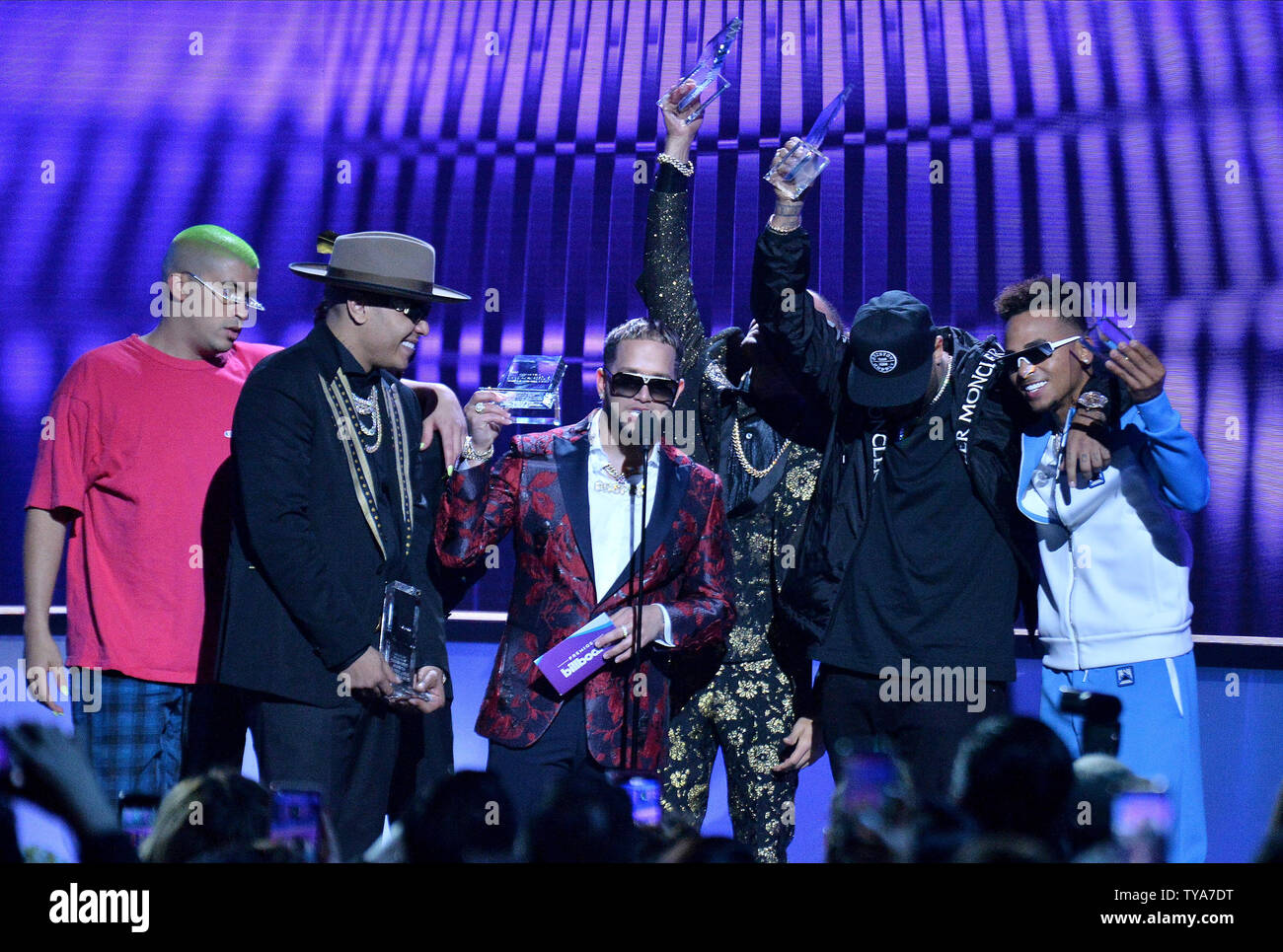 (L-R) Bad Bunny, Darell, Casper Magico, Nio Garcia, Nicky Jam and Ozuna ...