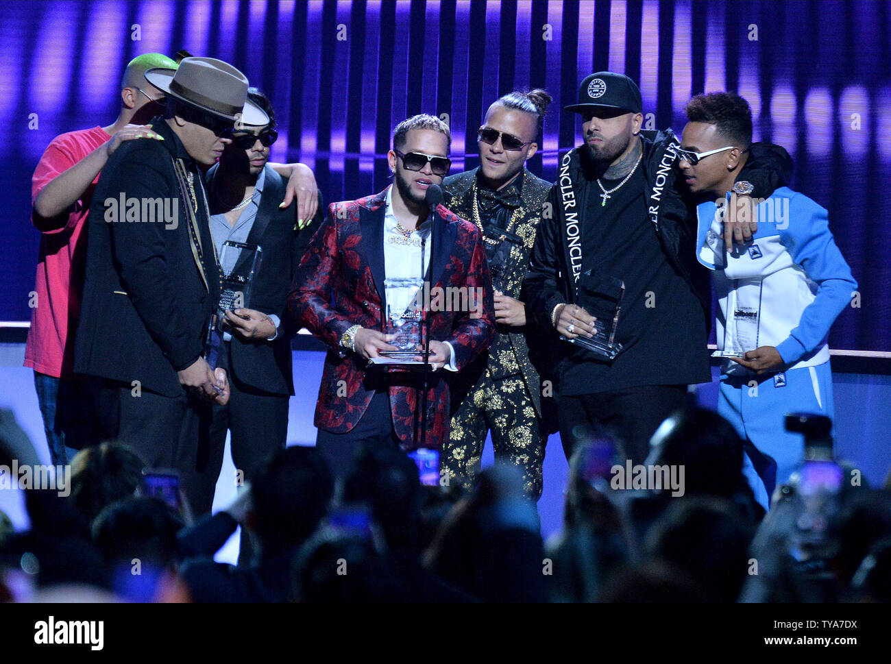 (L-R) Darell, Bad Bunny, Casper Magico, Nio Garcia, Nicky Jam and Ozuna ...