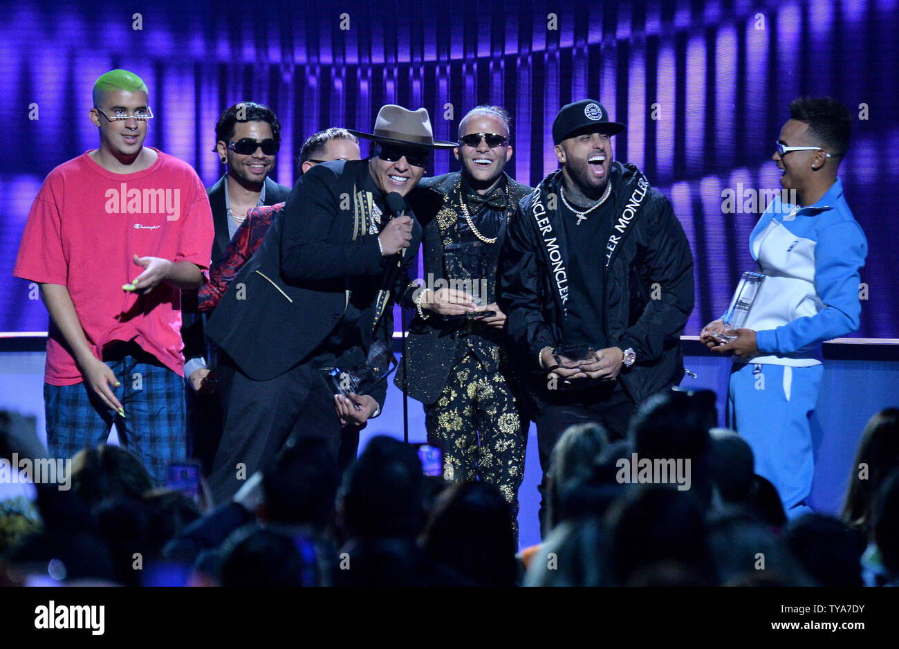 (L-R) Bad Bunny, Casper Magico, Darell, Nio Garcia, Nicky Jam and Ozuna ...