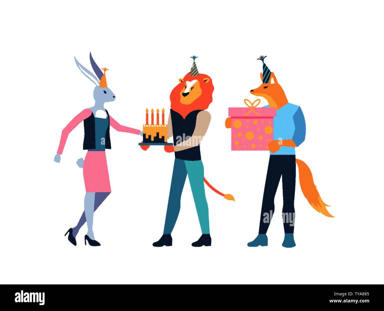 Animal characters in birthday hats celebrate with cake, gift box ...