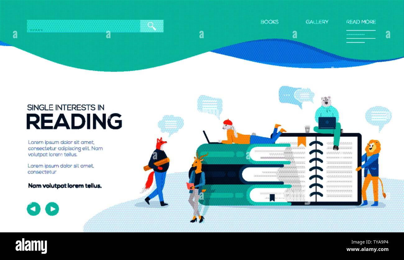 Animal characters spend time between books with laptops. Concept of ...