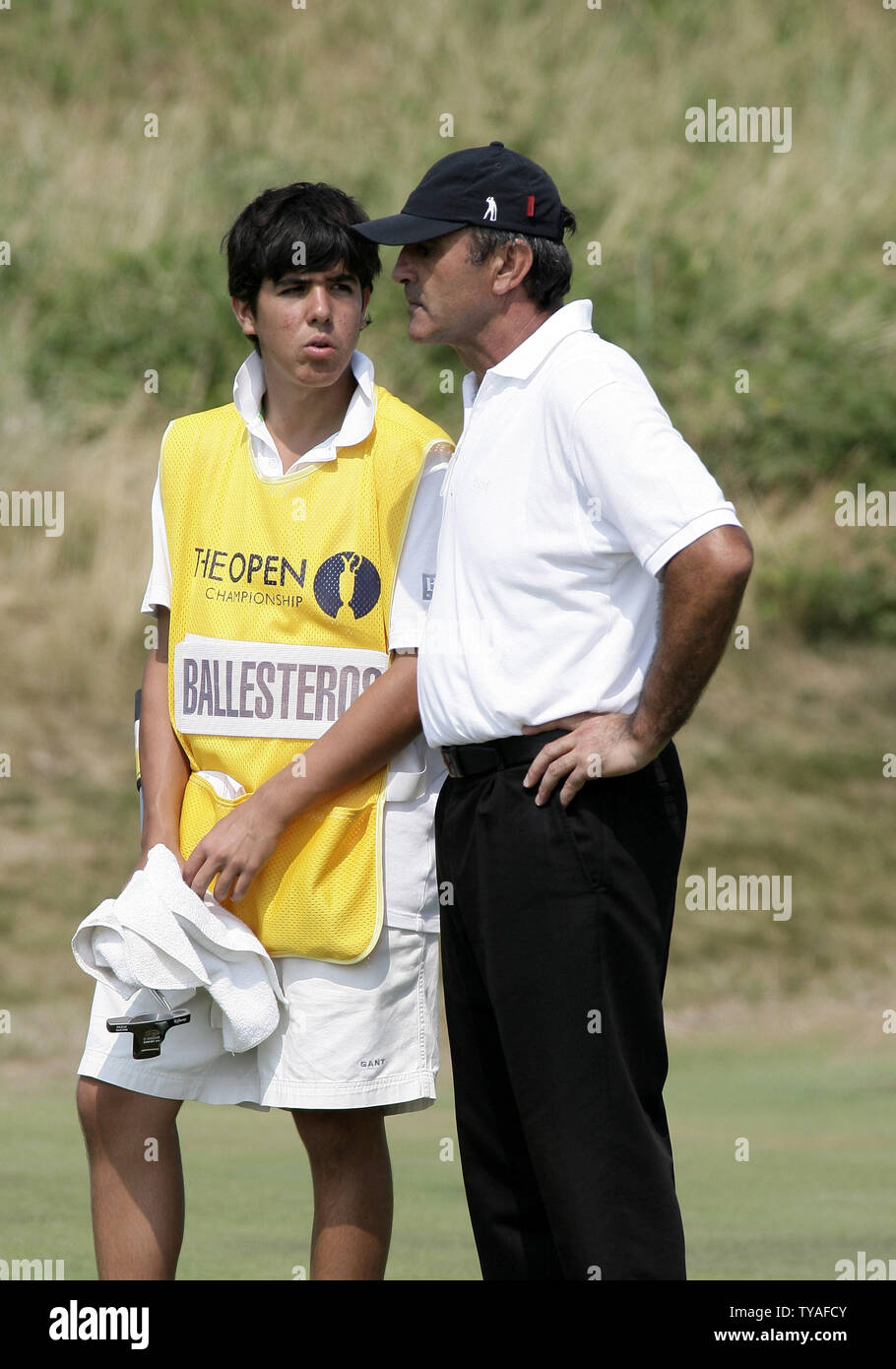 Spain's Severiano Ballesteros talks to his son on the 14th green at the ...