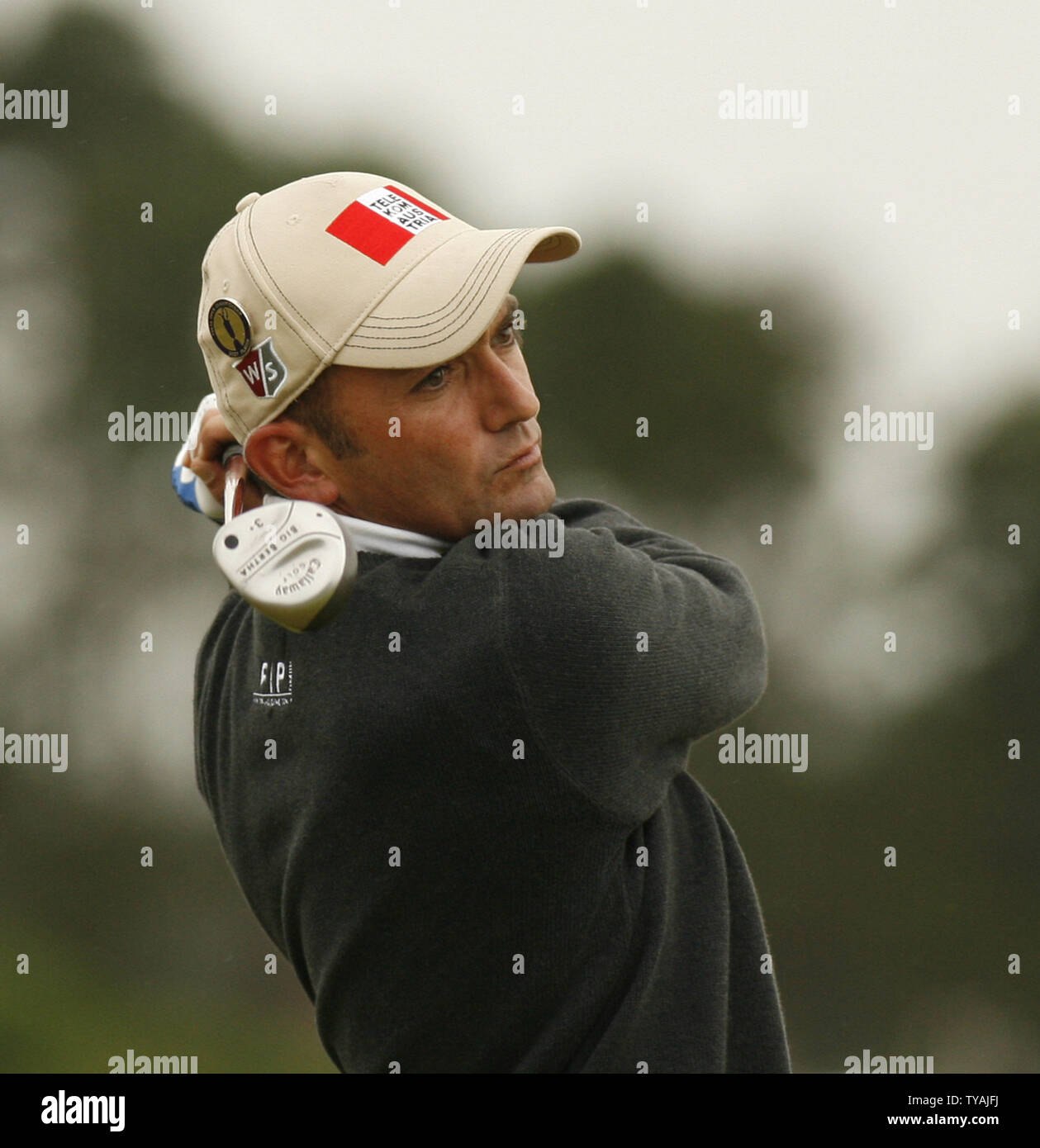 Austrian Markus Brier tees off on the 16th hole on the third day at the ...