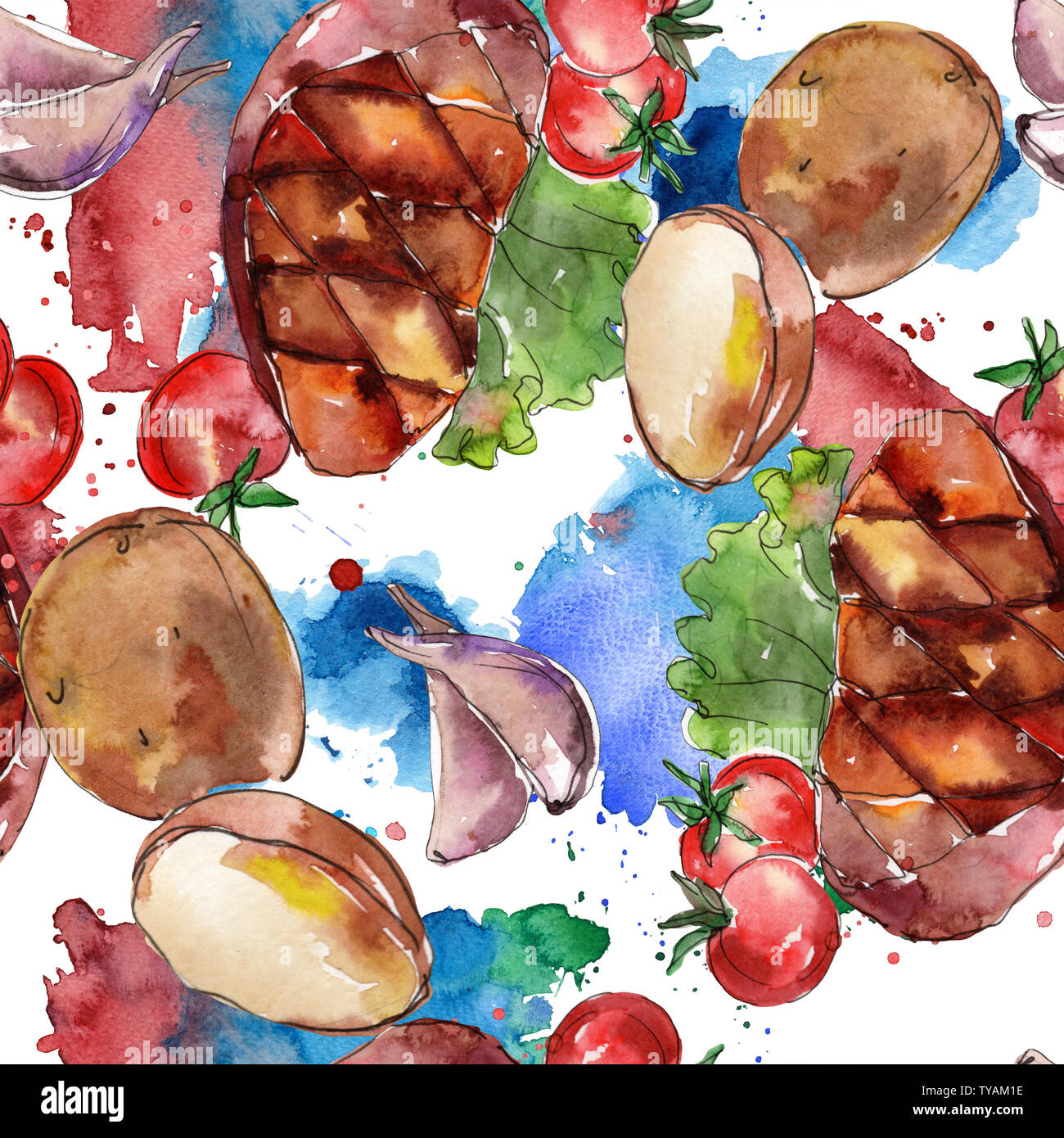 Grilled steak tasty food. Hand drawn barbeque meat illustration ...