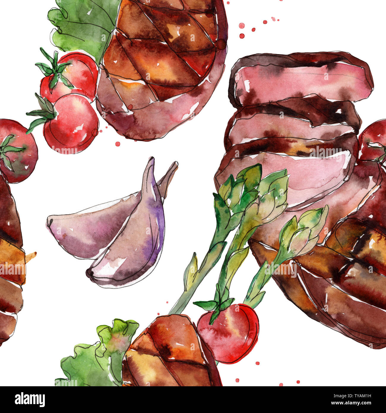 Grilled steak tasty food. Hand drawn barbeque meat illustration ...