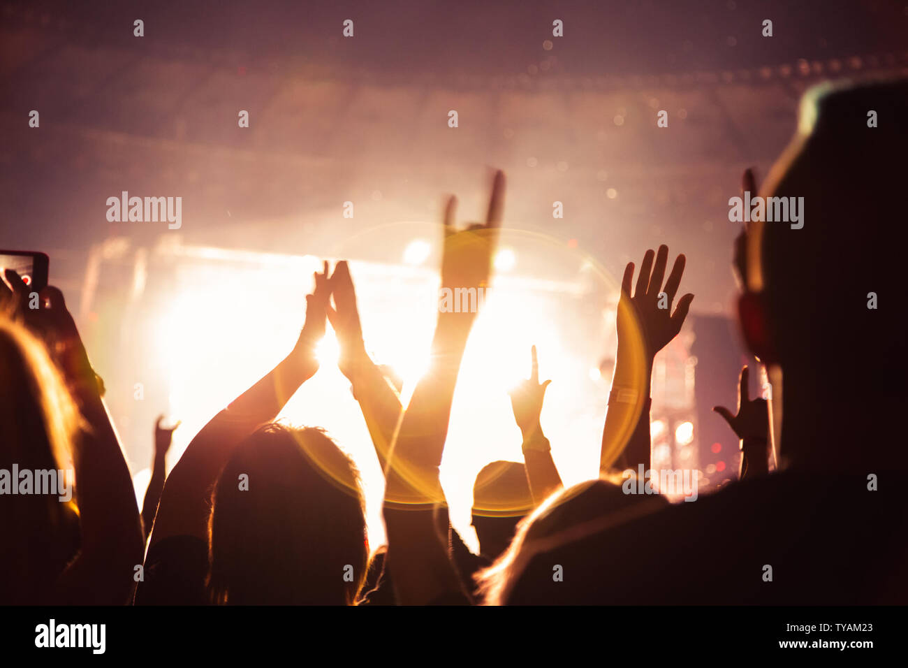 Silhouette of a concert crowd. The audience applauds the musicians on ...