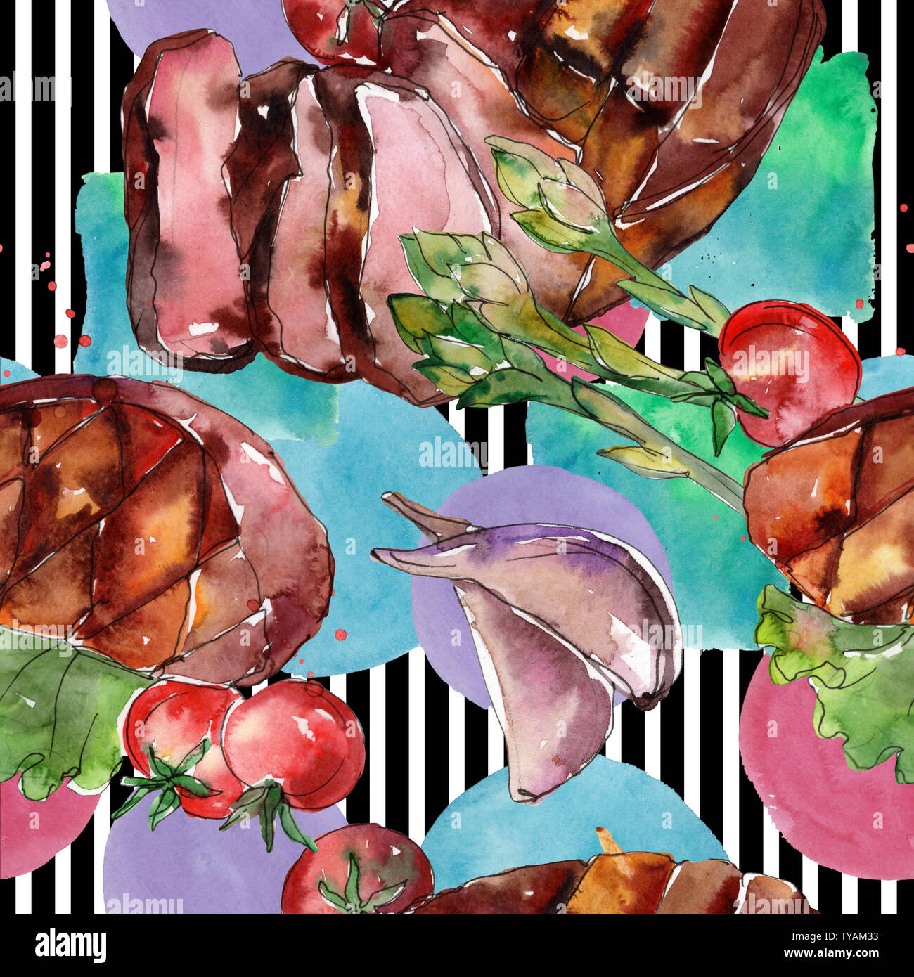 Grilled steak tasty food. Hand drawn barbeque meat illustration ...