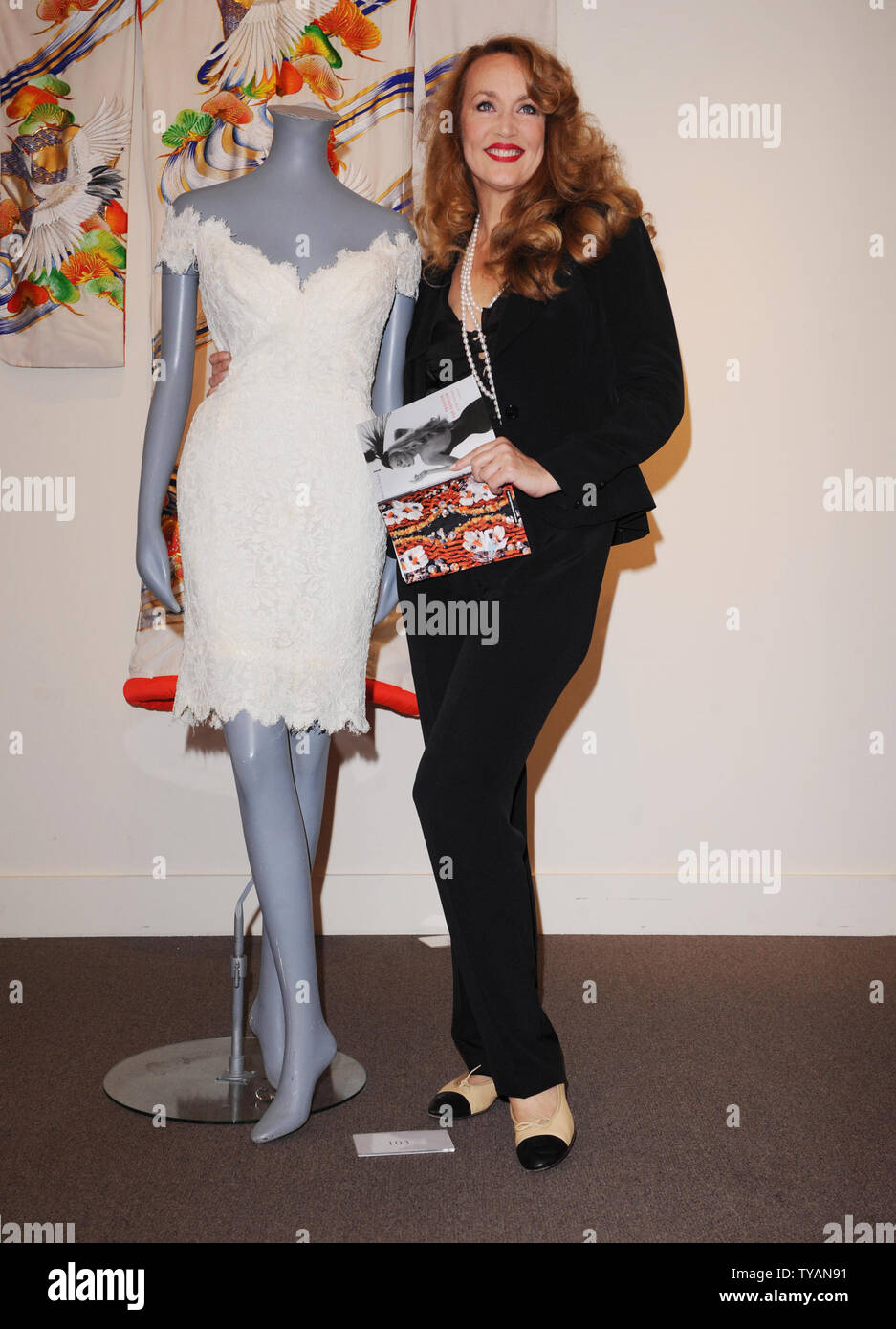 American model Jerry Hall attends a pressview of dresses she is ...