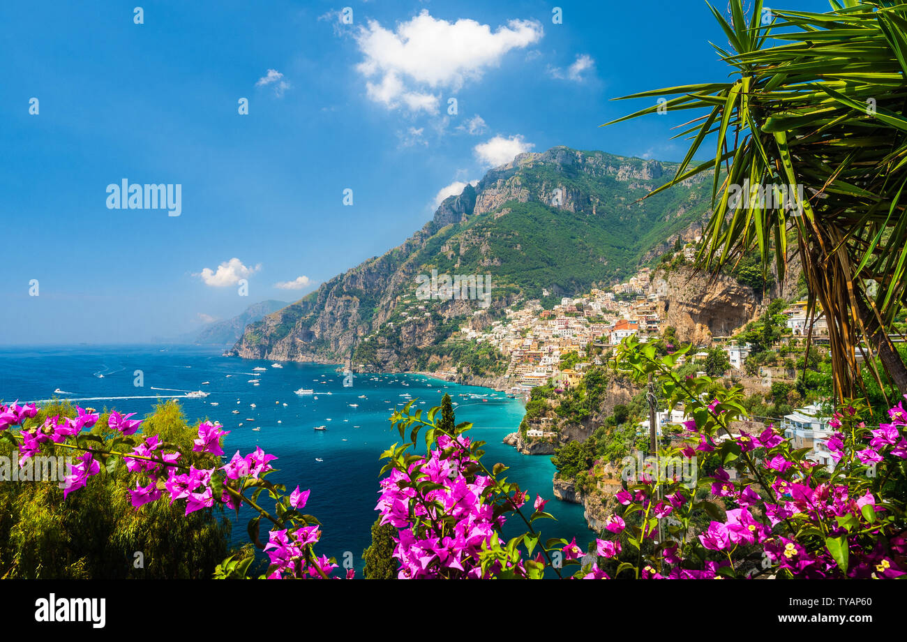 Landscape with Positano town at famous amalfi coast, Italy Stock Photo ...