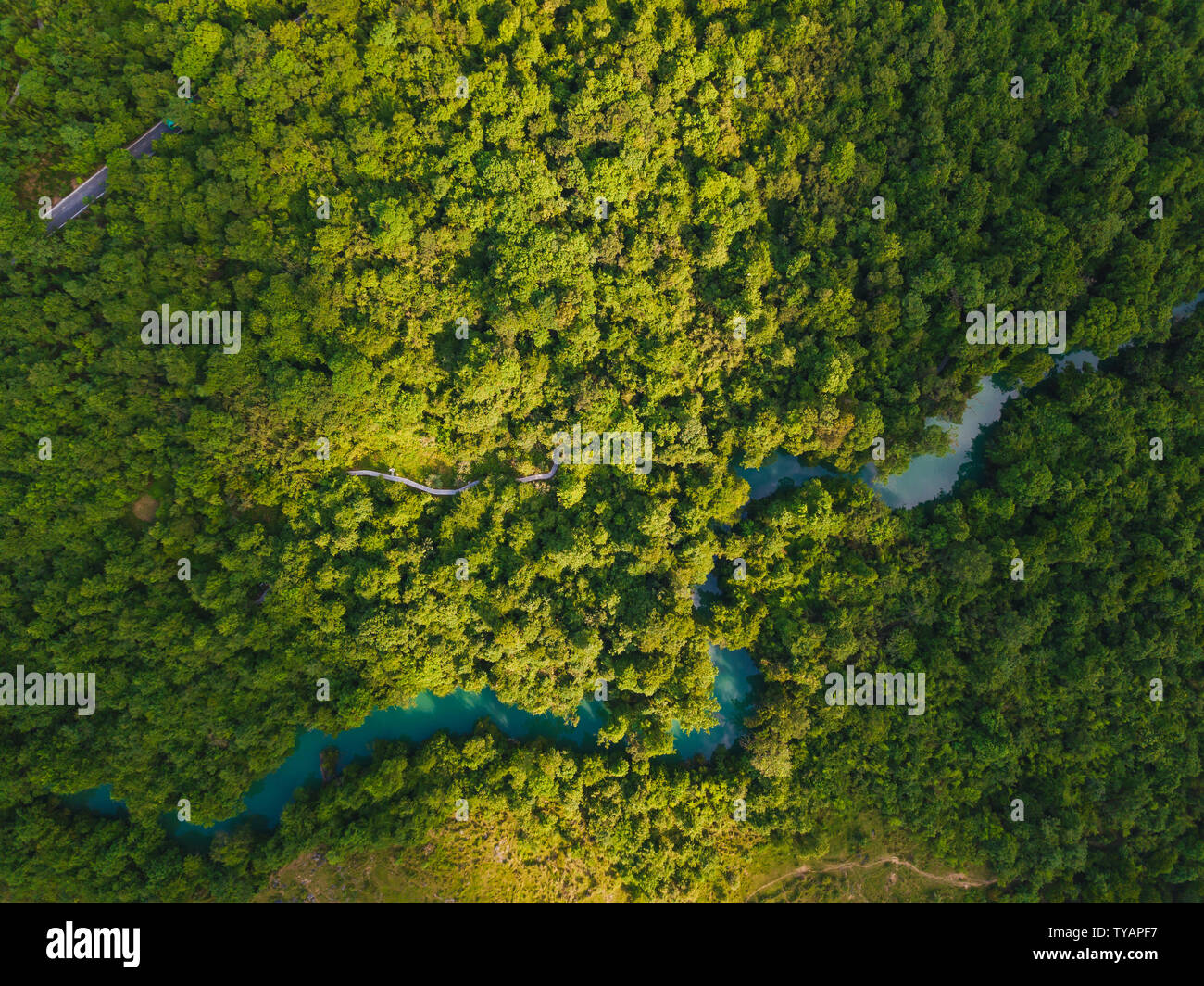 Aerial photo of karst landform, water forest and highway farmland ...