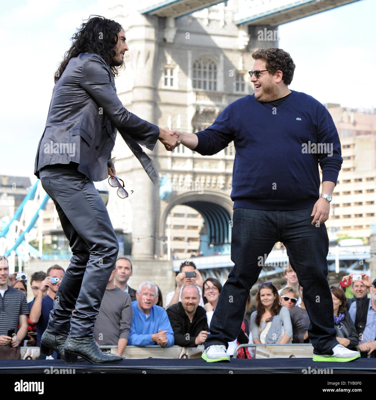 British actor/comedian Russell Brand (L) and American actor Jonah Hill ...
