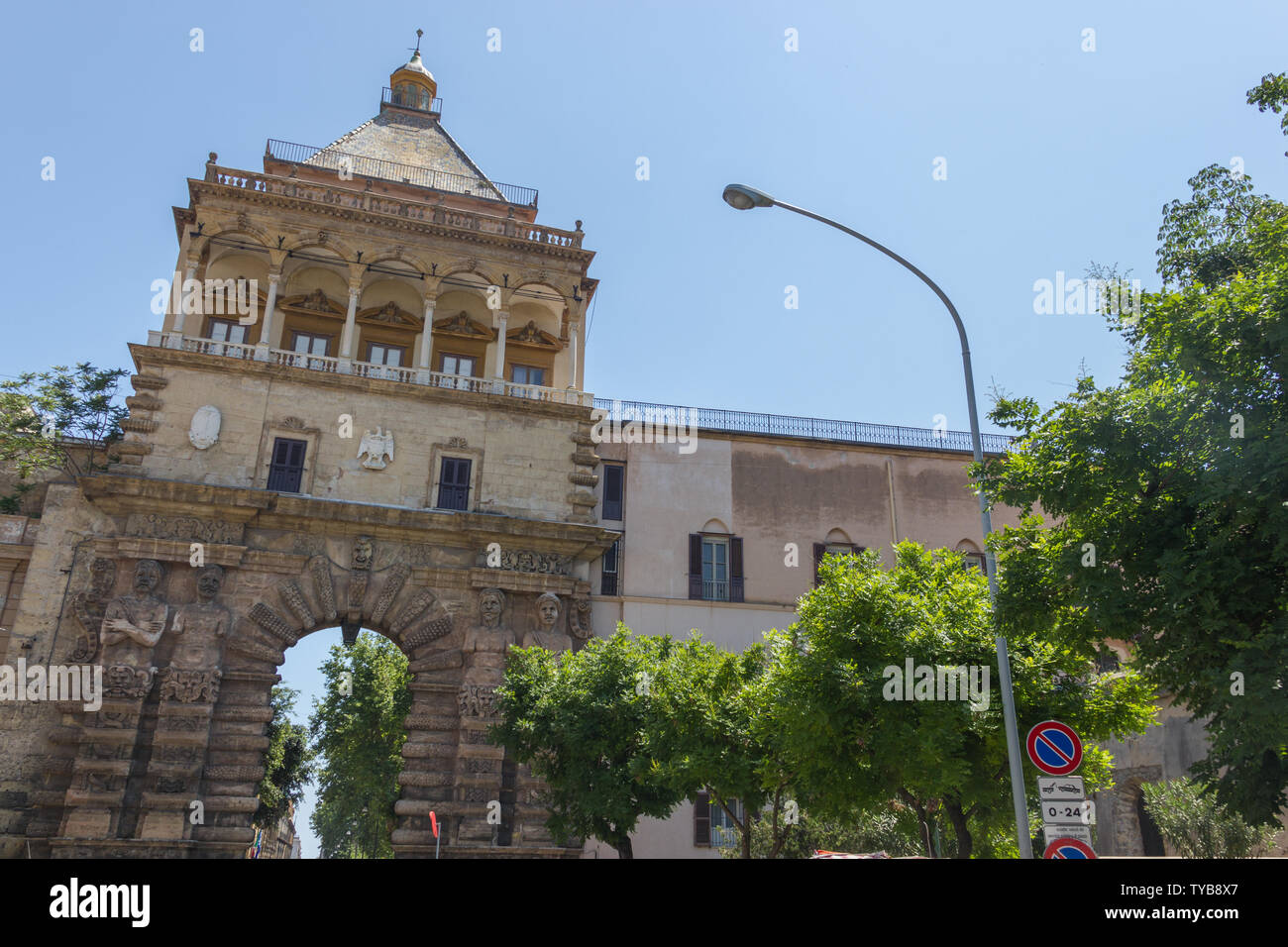 Historical gate and tower of royal palace in Palermo Sicily, view from ...