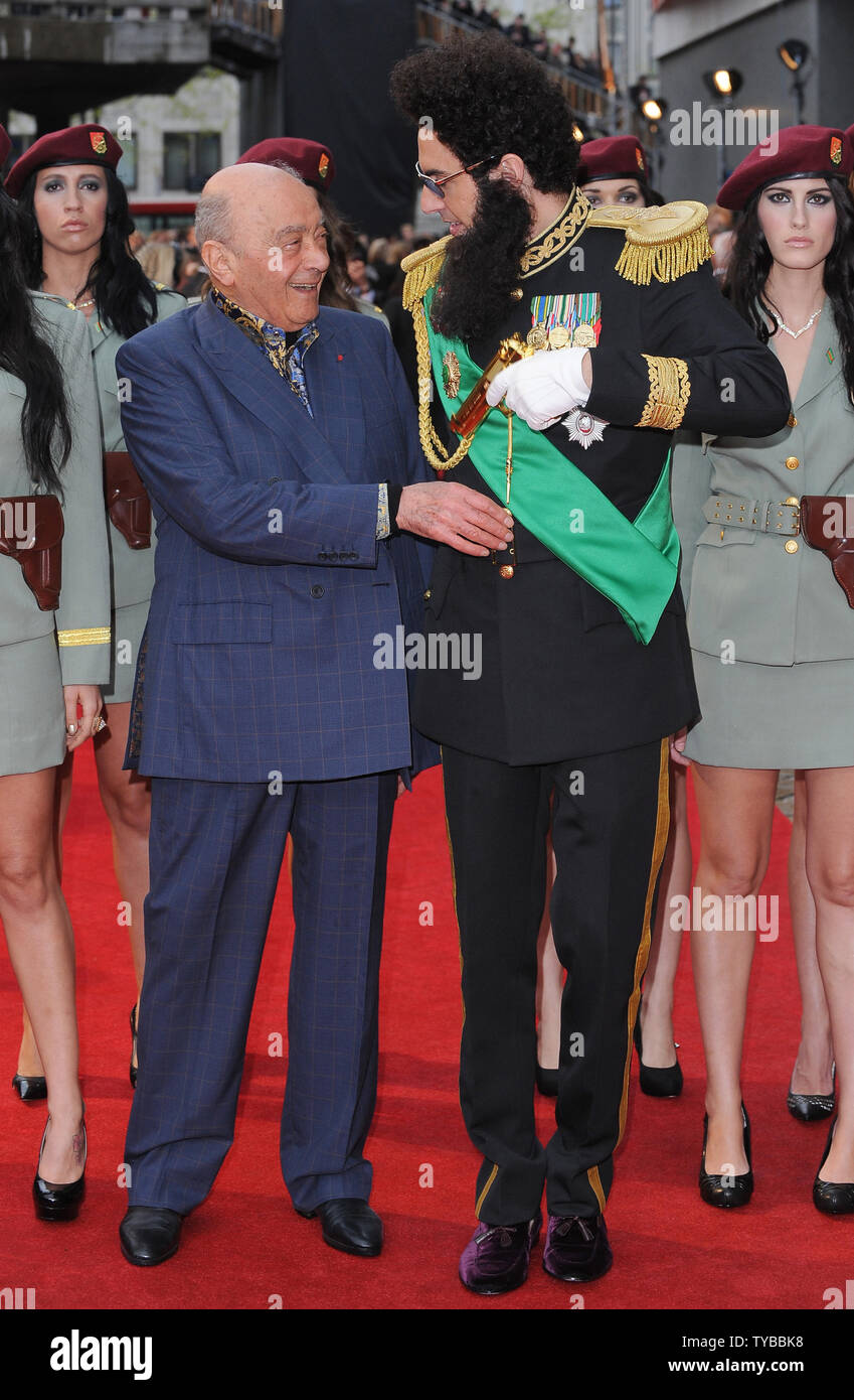 Mohamed Al Fayed and English actor Sacha Baron Cohen as Admiral General ...