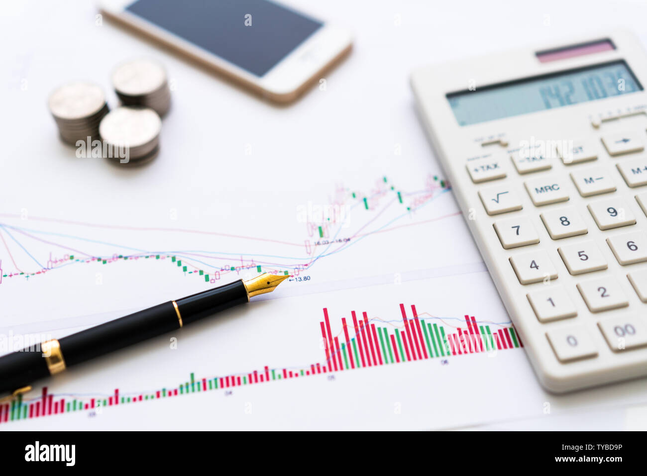 Pens, coins, K-line diagrams, mobile phones, calculators in white ...