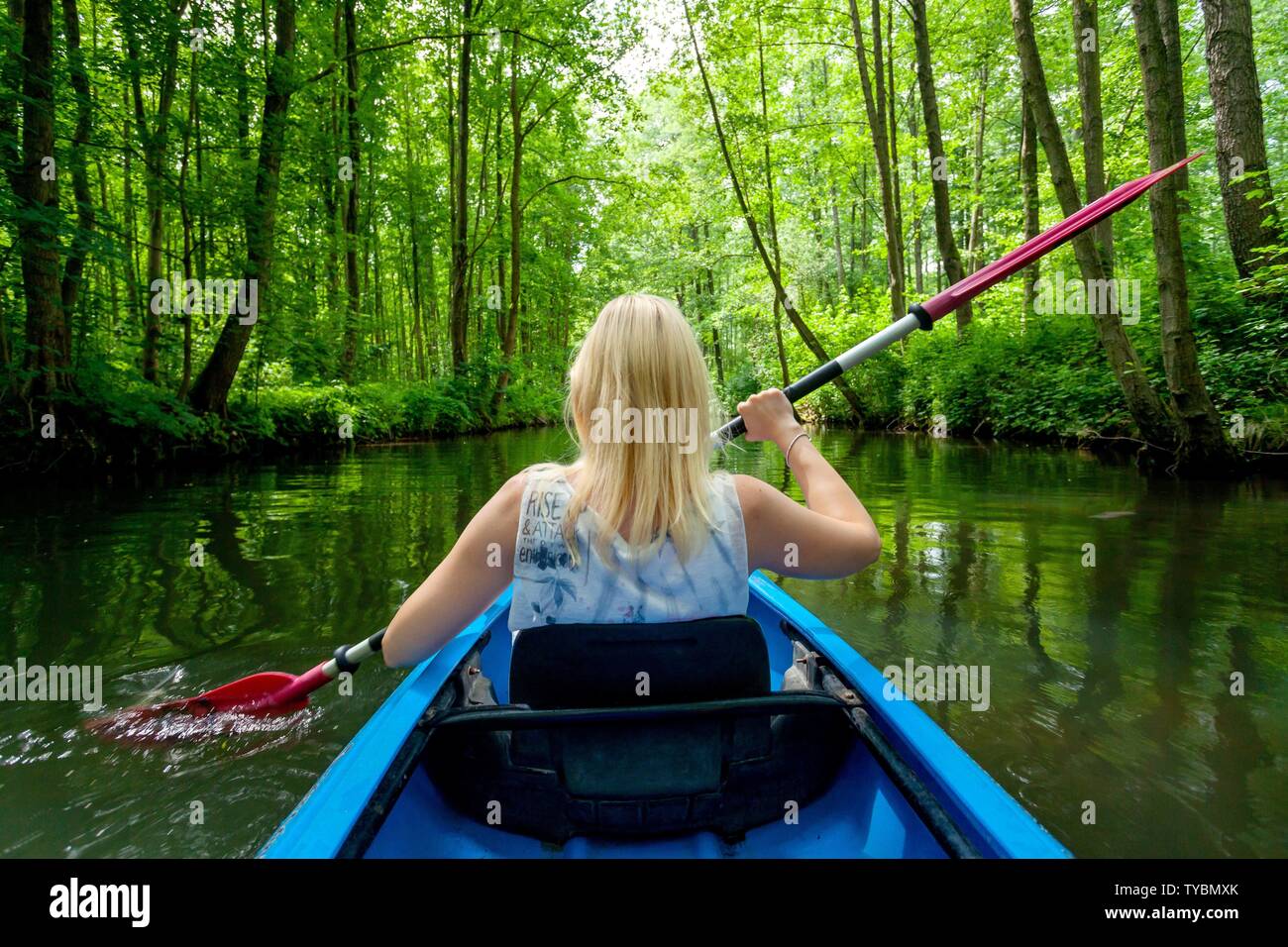 Canoeing in the Spreewald (Spree forest) near Burg (Brandenburg), 19 ...