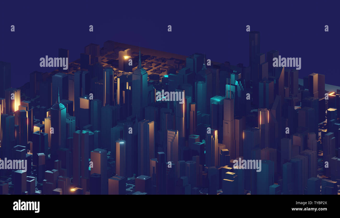 Abstract 3d city rendering with lines and digital elements. Digital ...