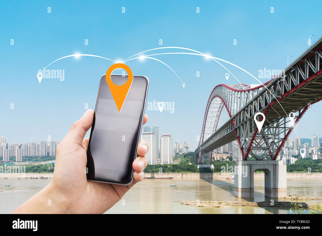 mobile phone with steel bridge over river Stock Photo - Alamy