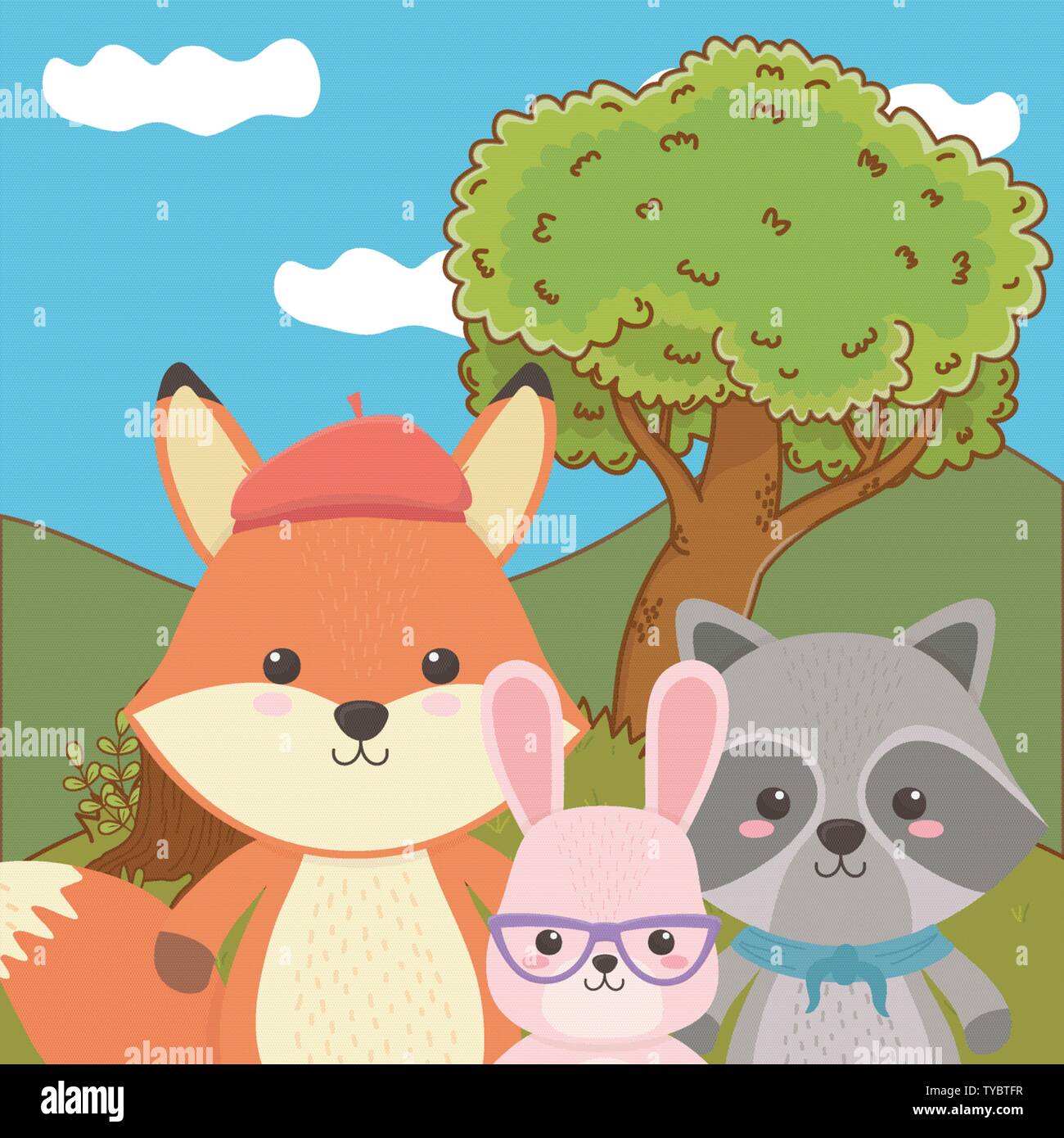 Fox raccoon and rabbit cartoon design, Animal cute zoo life nature and ...