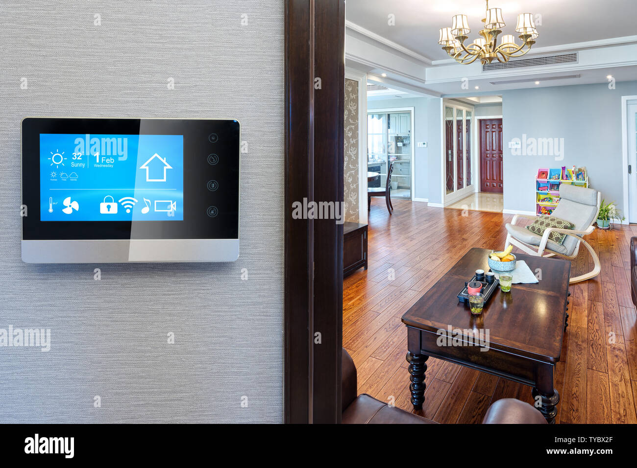 smart screen with smart home with modern living room Stock Photo - Alamy