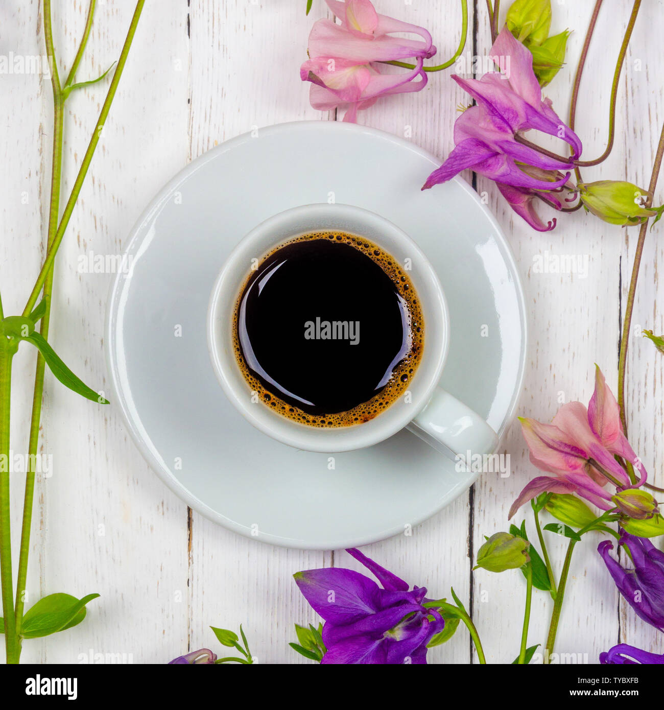 a Cup of black coffee on a saucer and flowers on a white table top view ...